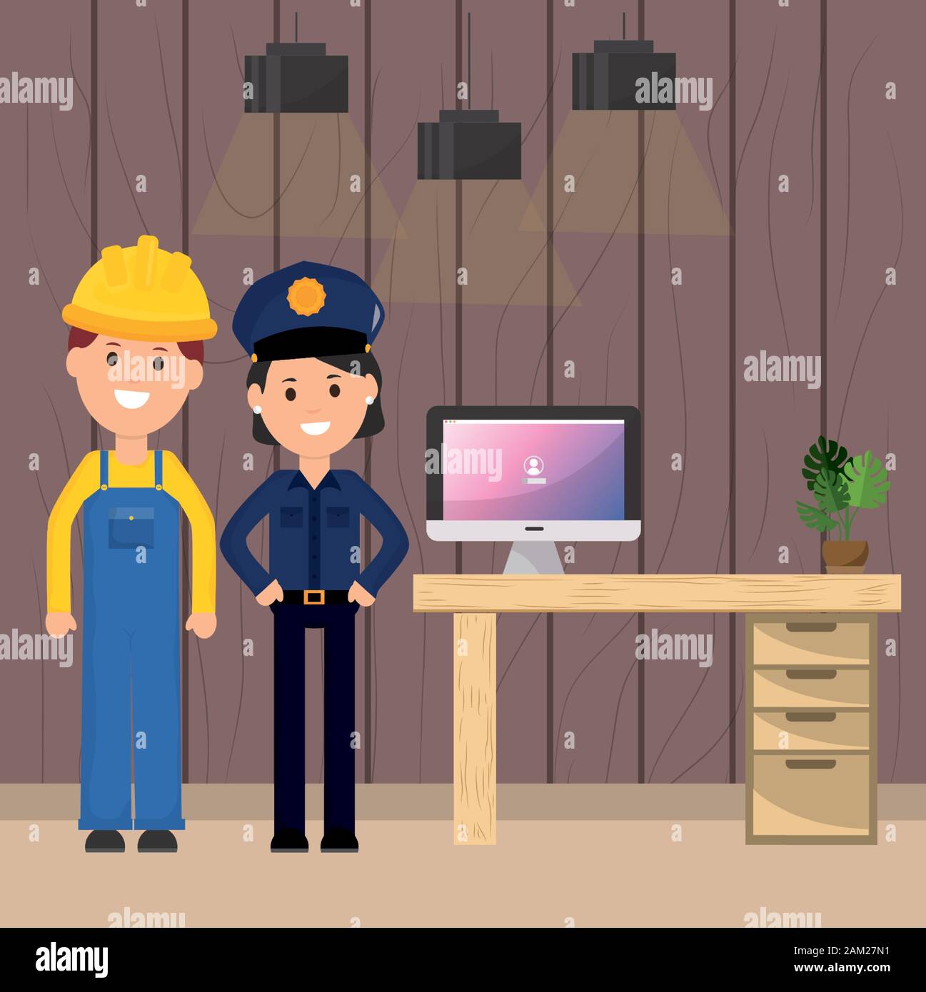 police woman and worker in the office desk computer vector illustration ...