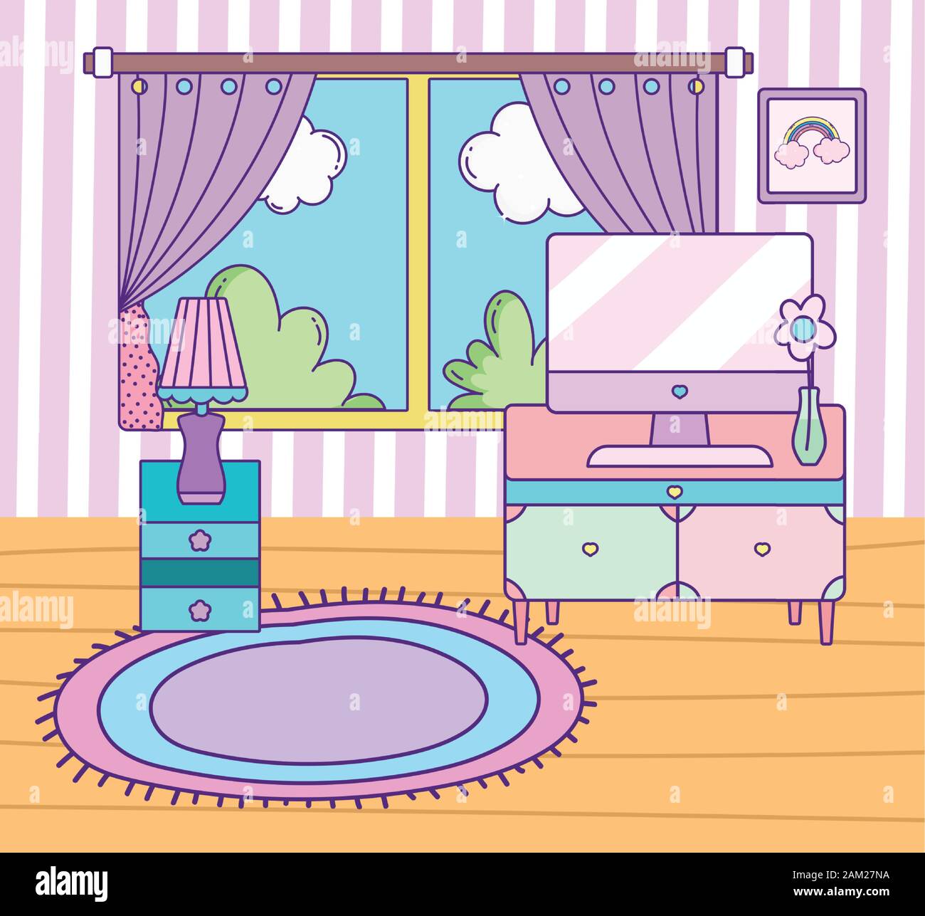room with window table computer drawer lamp and flower vector ...