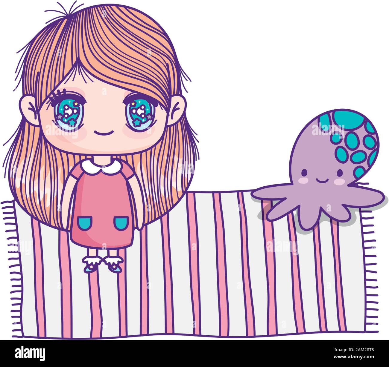 cute little girl cartoon with toy octopus in the carpet vector ...