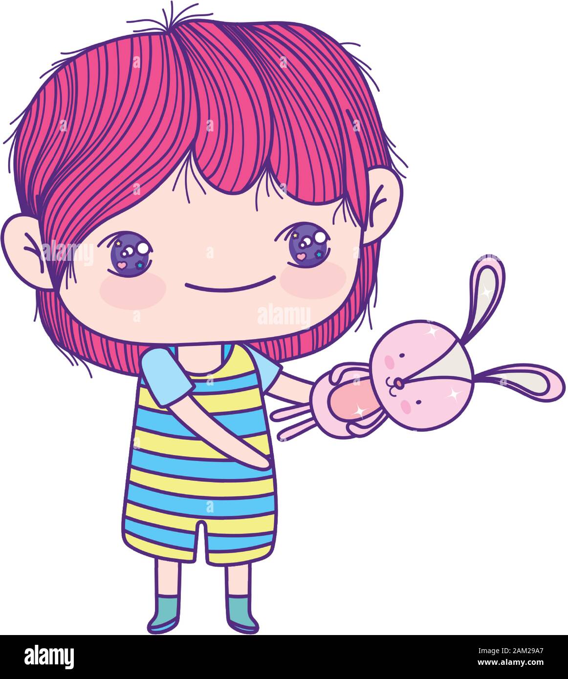 cute little boy with toy rabbit cartoon vector illustration Stock ...