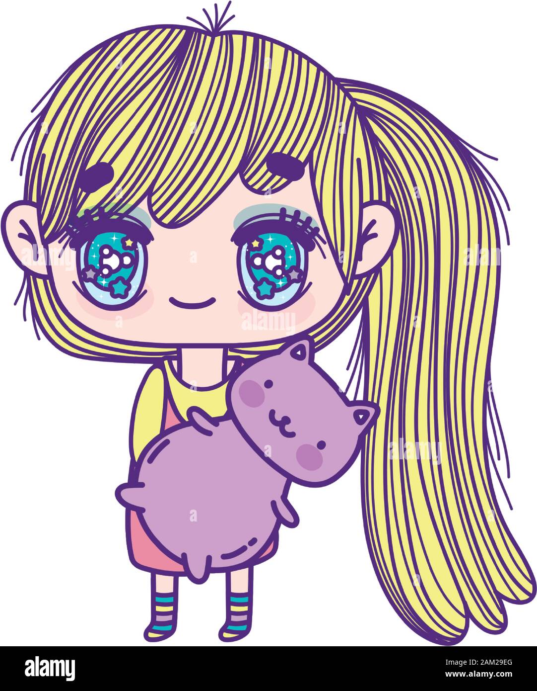 kids, cute little girl anime cartoon with cute cat vector illustration ...