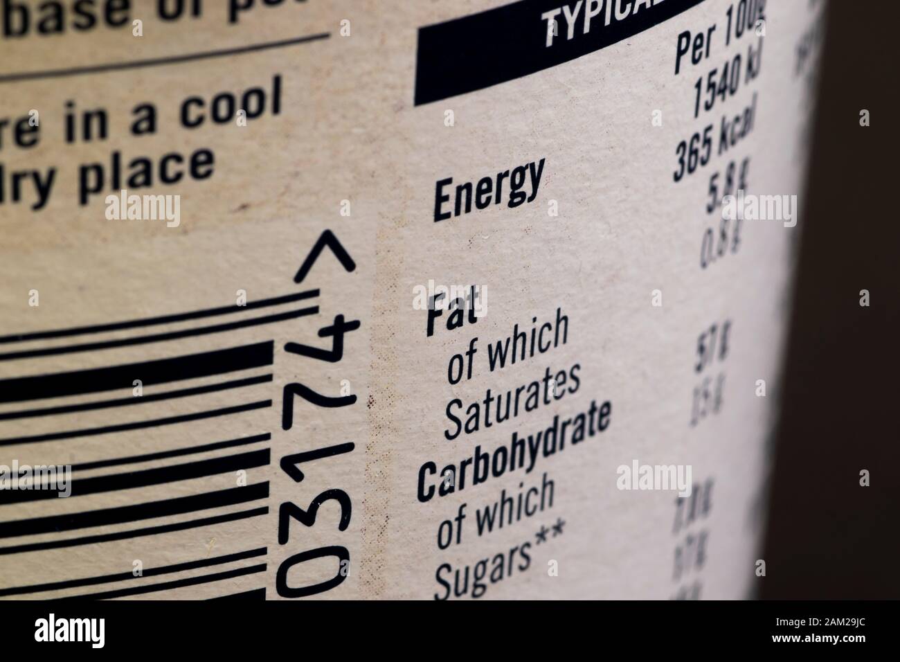 Fat content information displayed on food packaging label with shallow ...