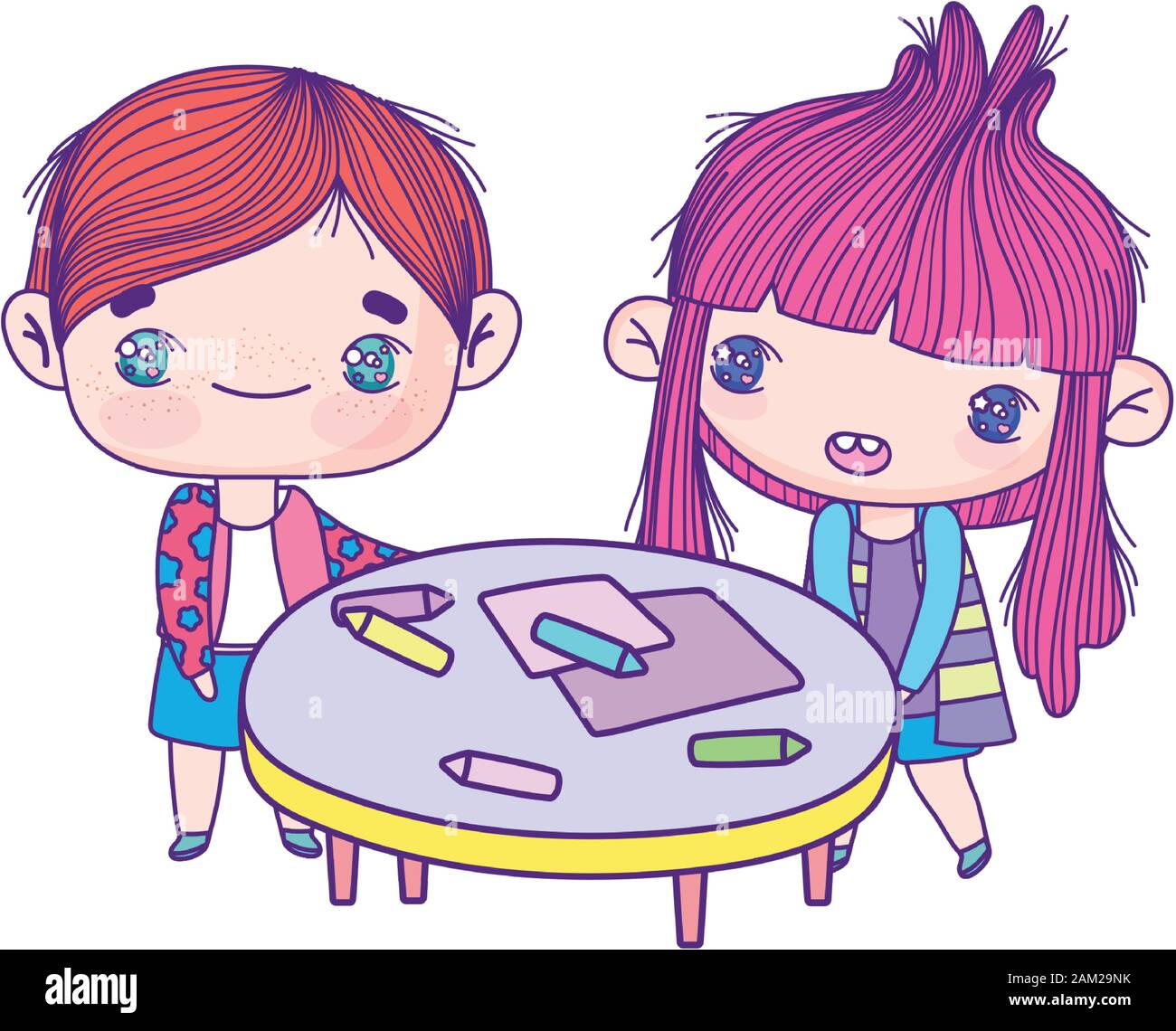 cute little girl and boy cartoon with table and crayons vector ...