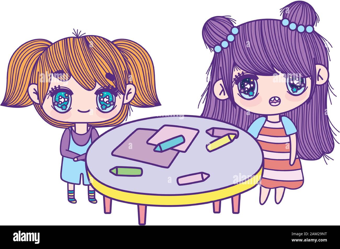 cute little girls cartoon with table and crayons vector illustration ...