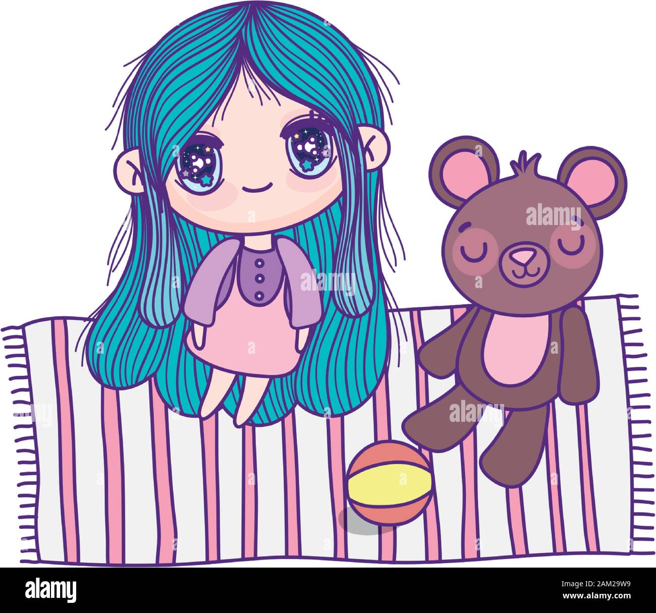 cute little girl cartoon with teddy and ball in carpet vector ...