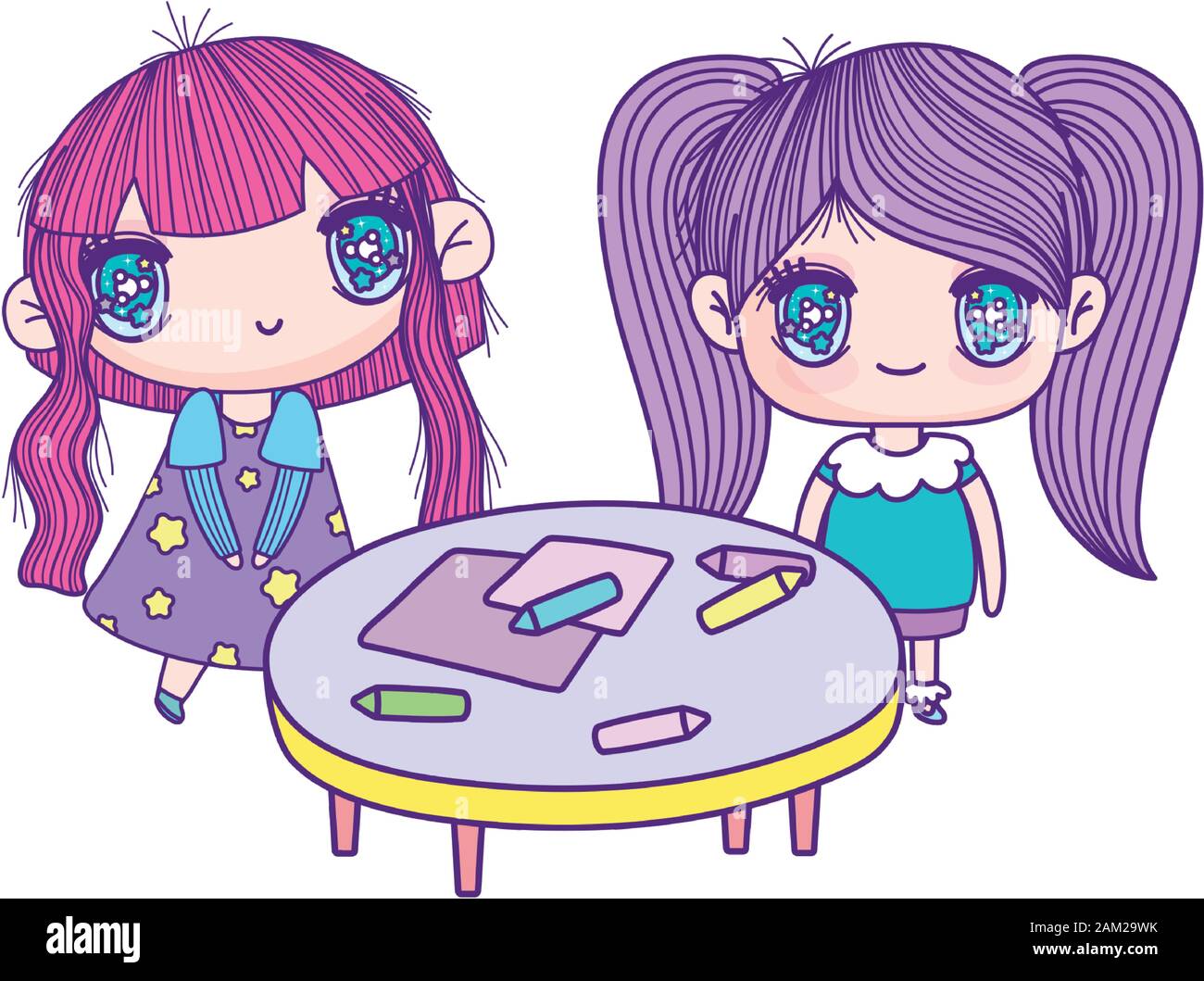 cute little girls cartoon with table and crayons vector illustration ...