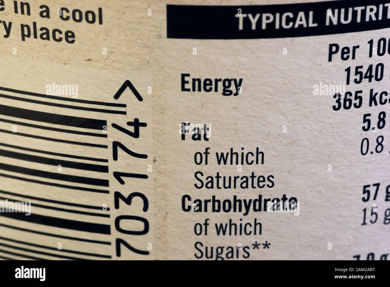 Fat content information displayed on food packaging label with shallow ...