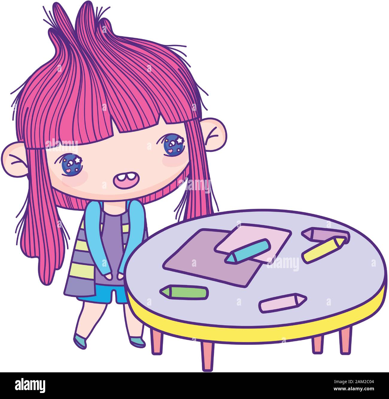 cute little girl cartoon with table crayons and paper vector ...
