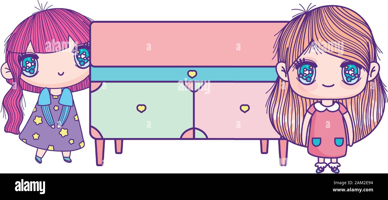 cute little girls cartoon with furniture drawers vector illustration ...