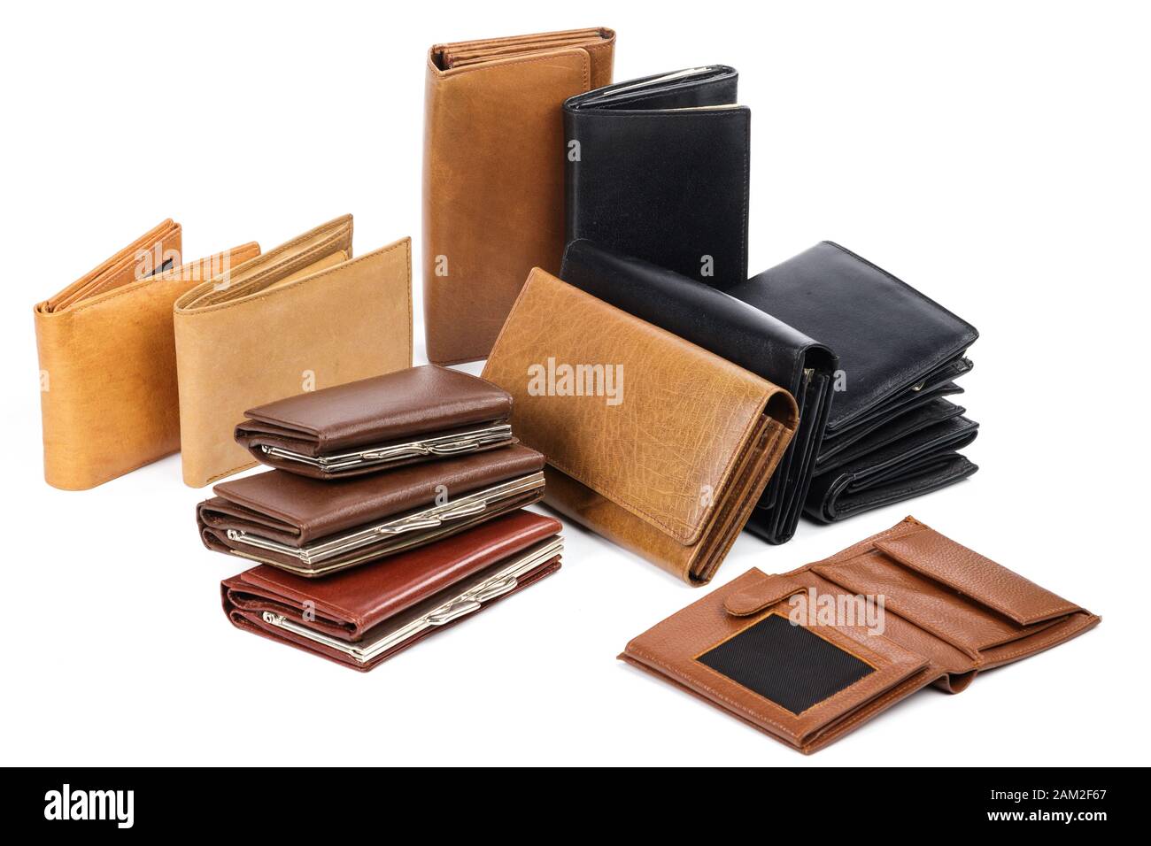 Different leather wallets on white background Stock Photo - Alamy