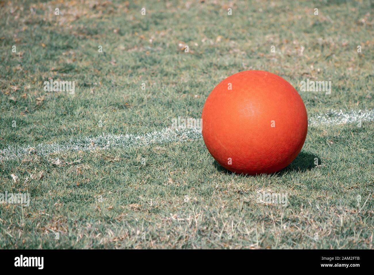 A red playground ball sits next to the white line on a green grass ...