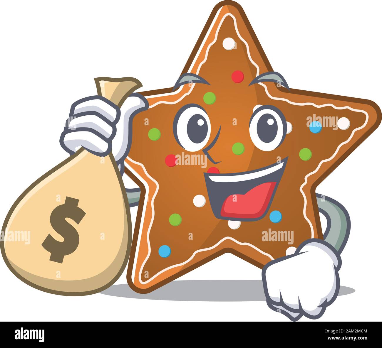 Happy rich gingerbread star cartoon character with money bag Stock ...