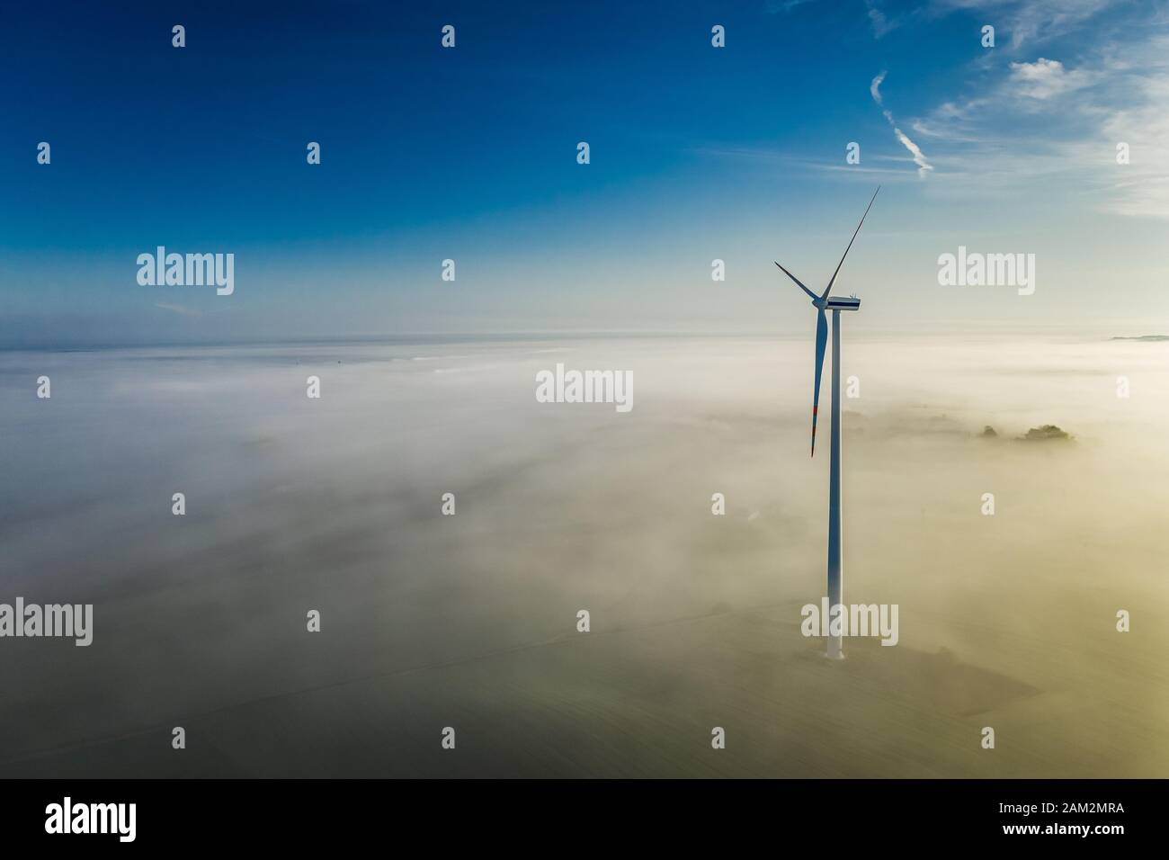 Aerial view foggy field wind turbines hi-res stock photography and ...