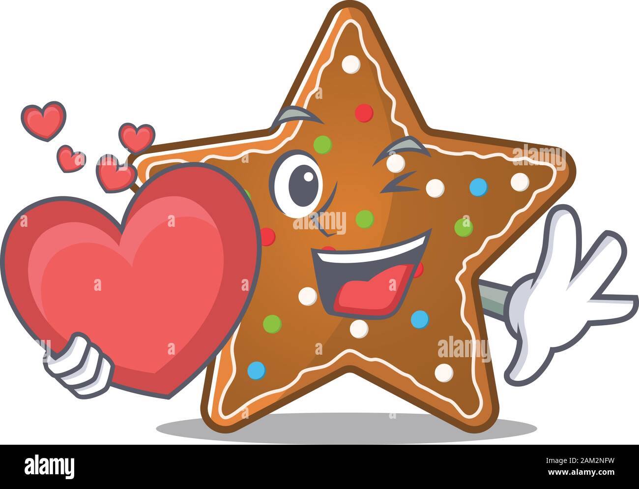 Funny Face gingerbread star cartoon character holding a heart Stock ...
