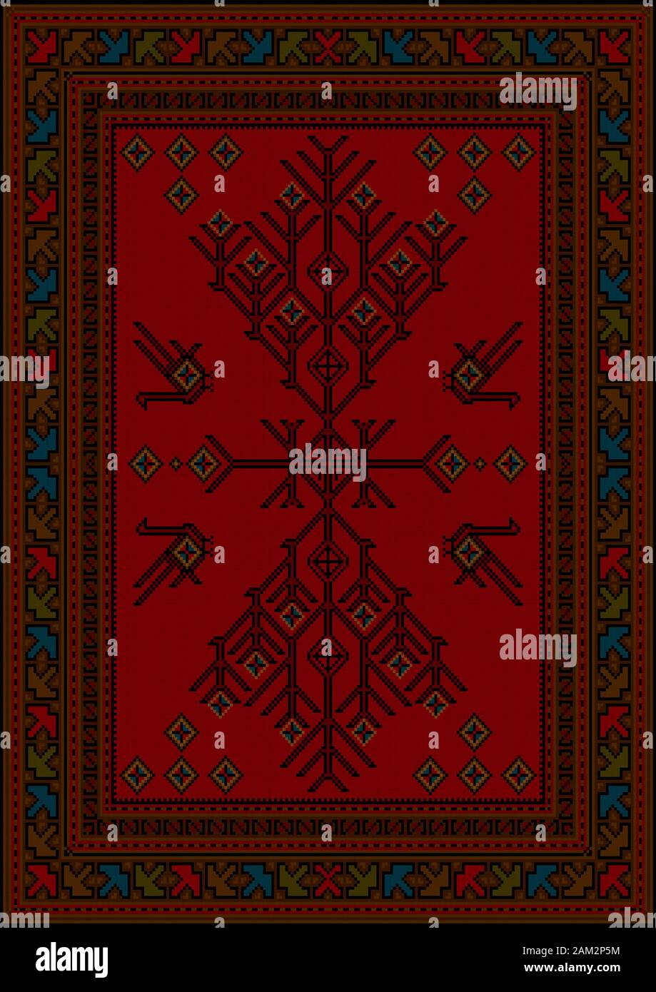 Luxury carpet with ethnic patterned tree and birds in the center on red ...