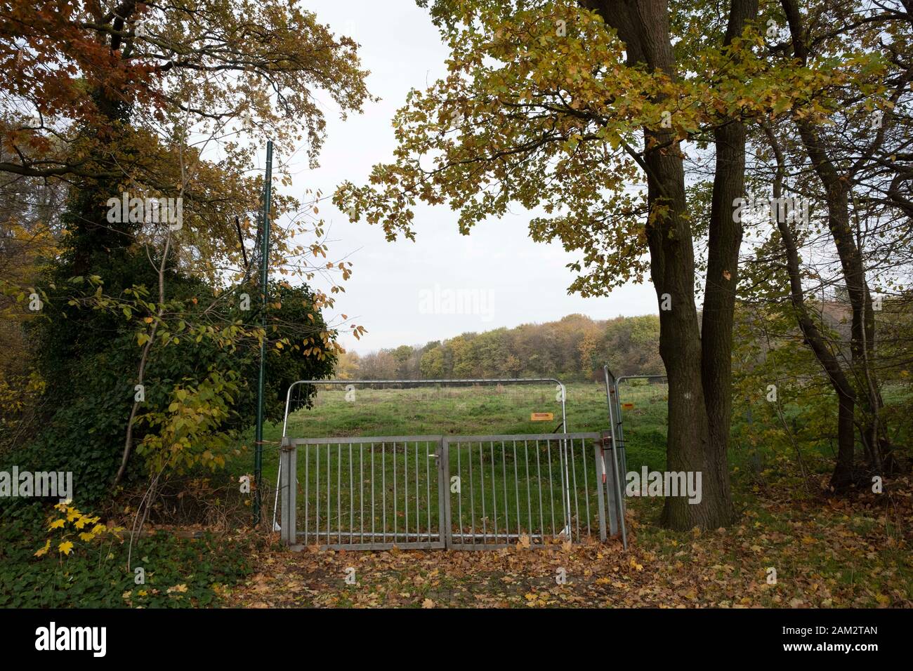 Trees flanking gate into restricted field of abandoned town, Mannheim ...