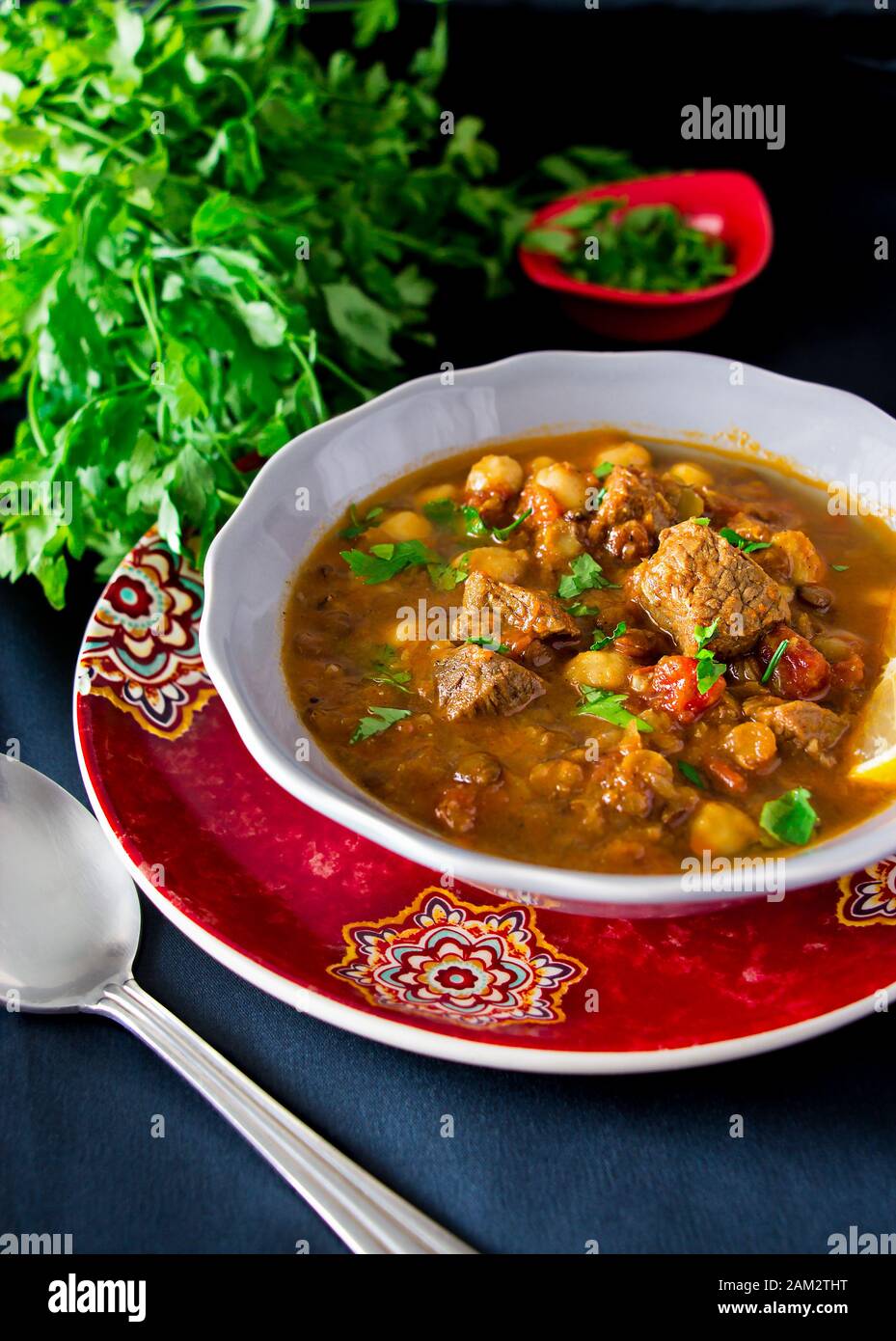 Moroccan soup harira with meat, chickpeas, lentil, tomato and spices ...