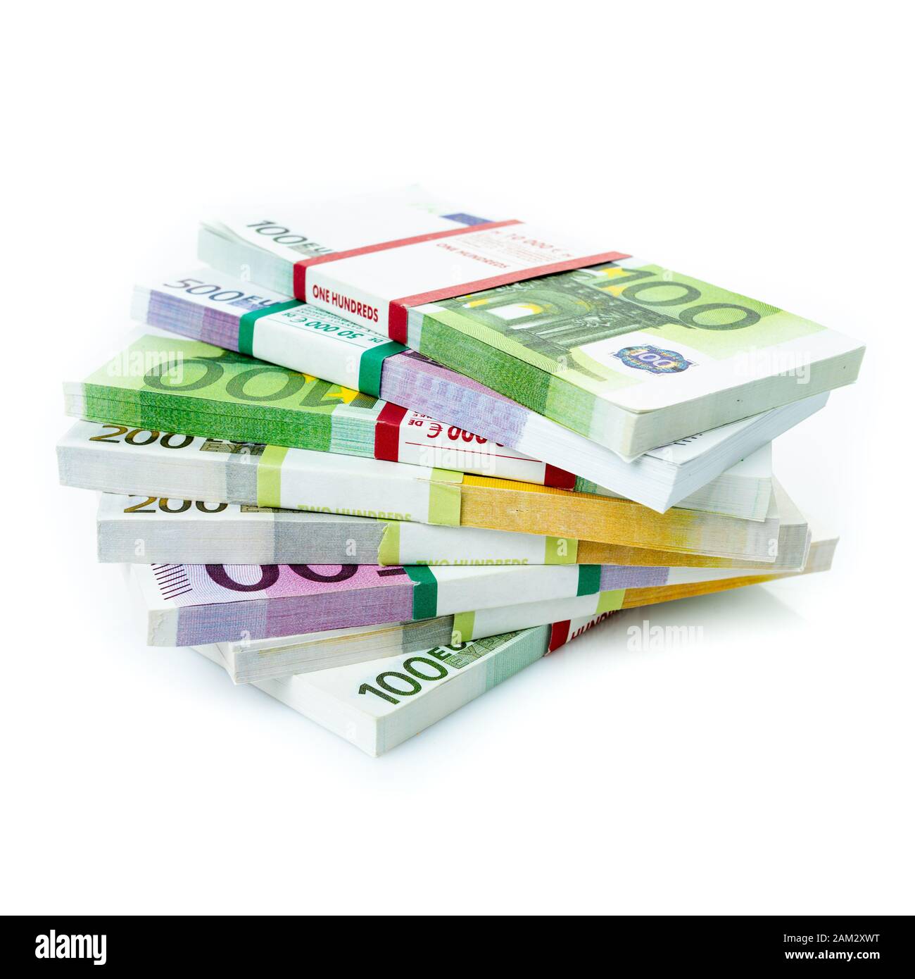 Euro banknotes stacks on a white background Stock Photo - Alamy
