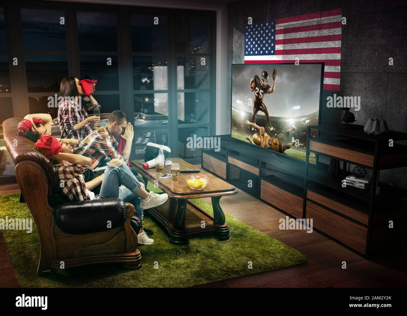 Group of friends watching TV, american football match, championship ...