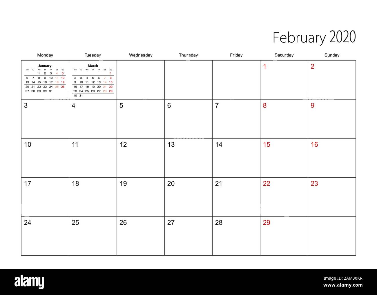 February 2020 simple calendar planner, week starts from Monday. Vector ...