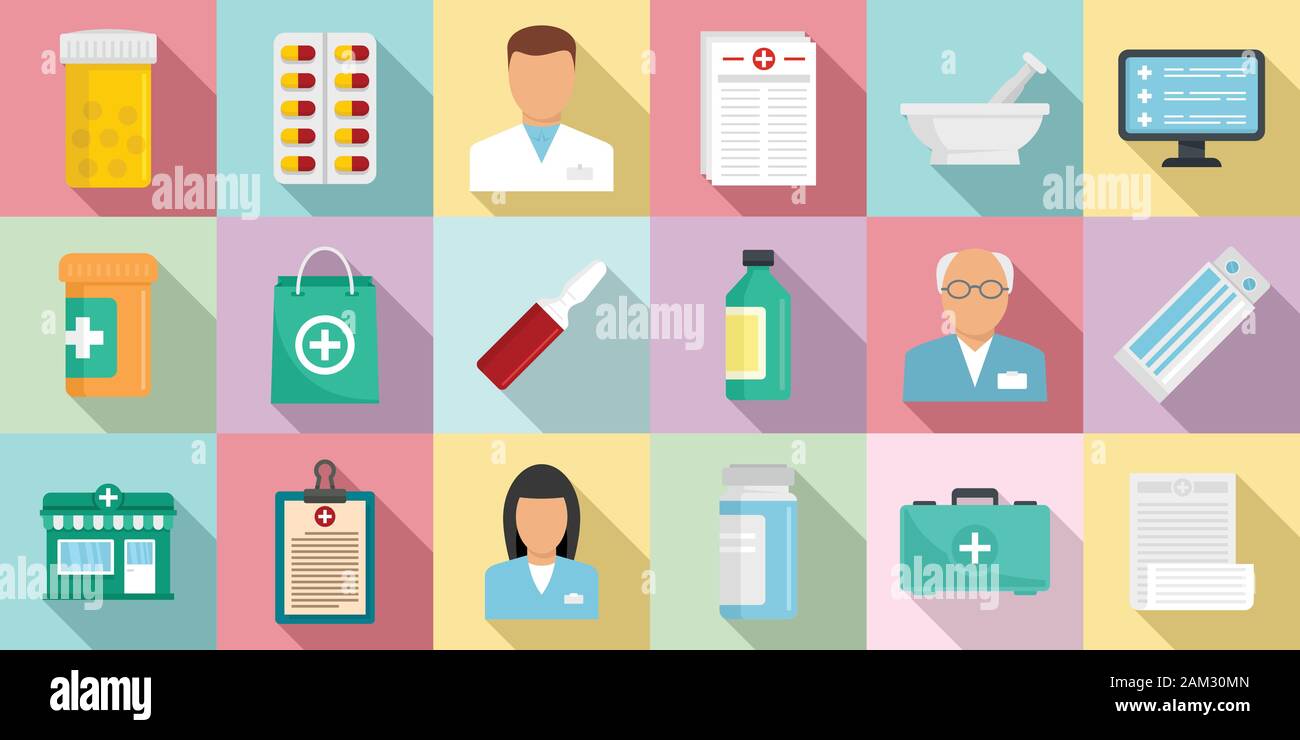 Pharmacist icons set. Flat set of pharmacist vector icons for web ...