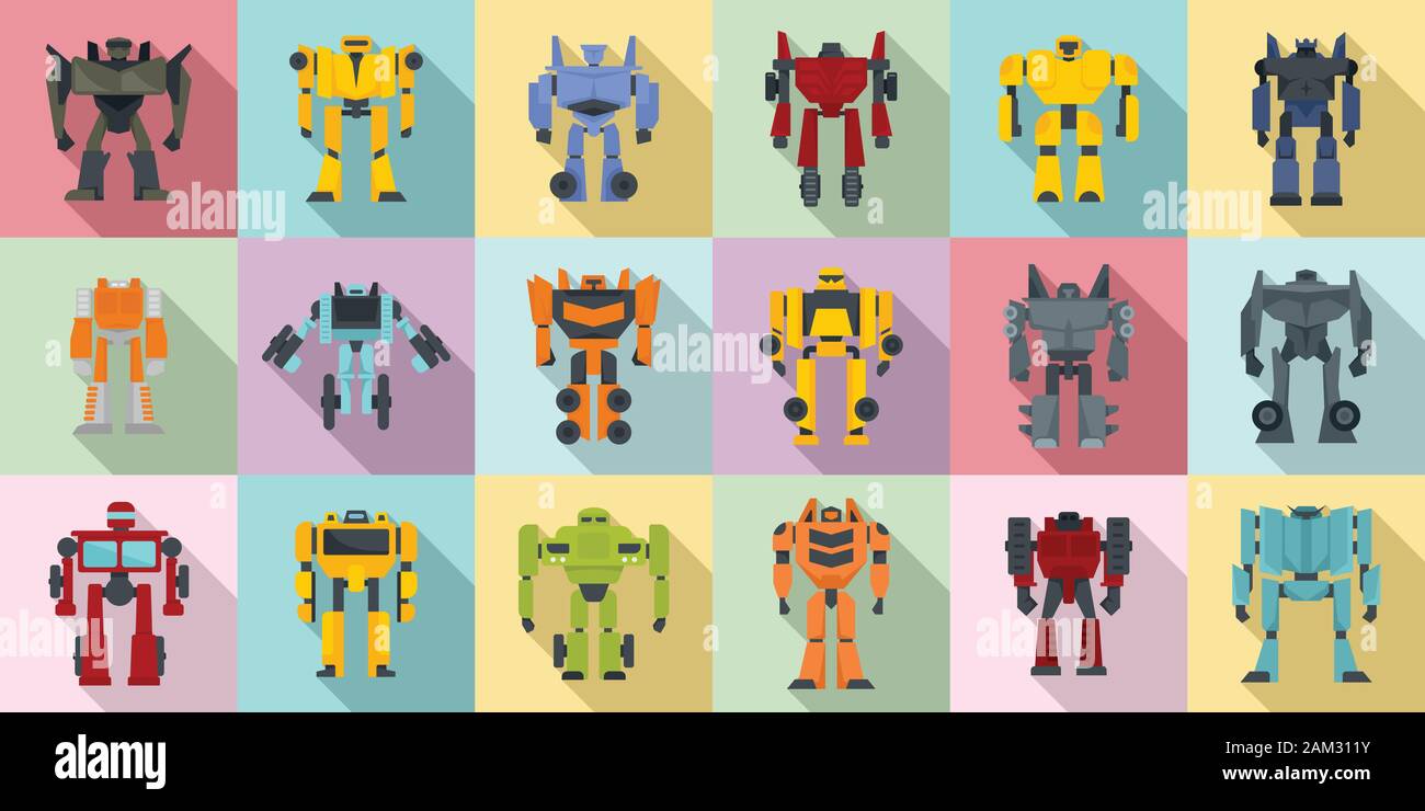 Robot-transformer icons set. Flat set of robot-transformer vector icons ...