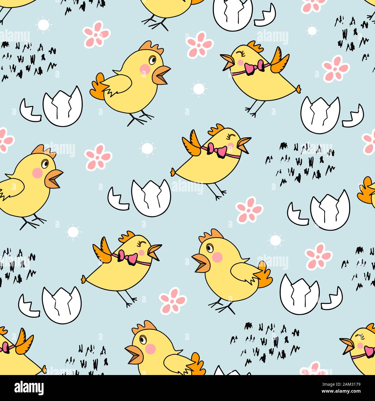Seamless pattern with yellow chick's, flowers.Happy Easter template. Pastel child print on ...