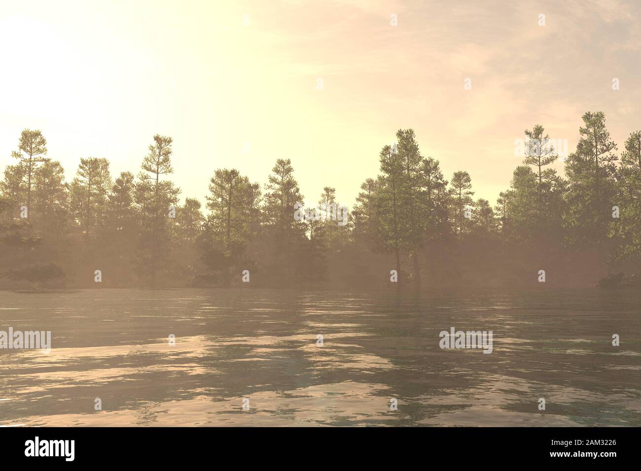 High Current River Flood Forest in the Sunset 3D Illustration ...