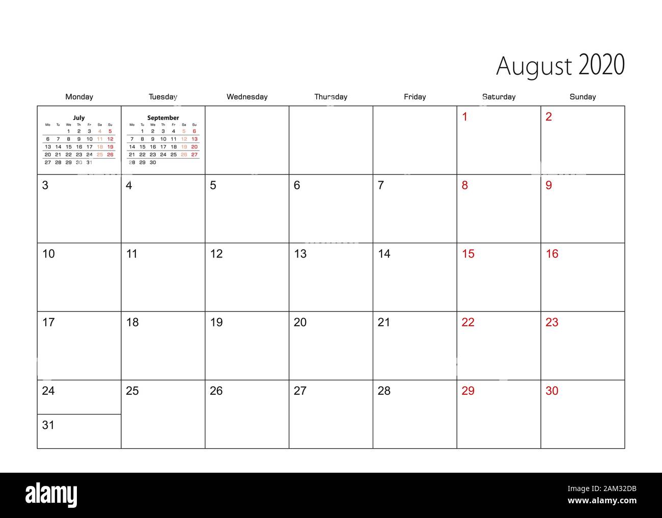 August 2020 simple calendar planner, week starts from Monday. Vector ...