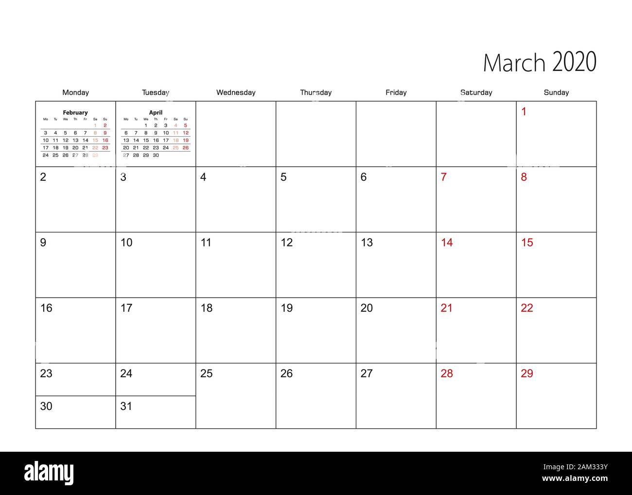 March 2020 simple calendar planner, week starts from Monday. Vector ...