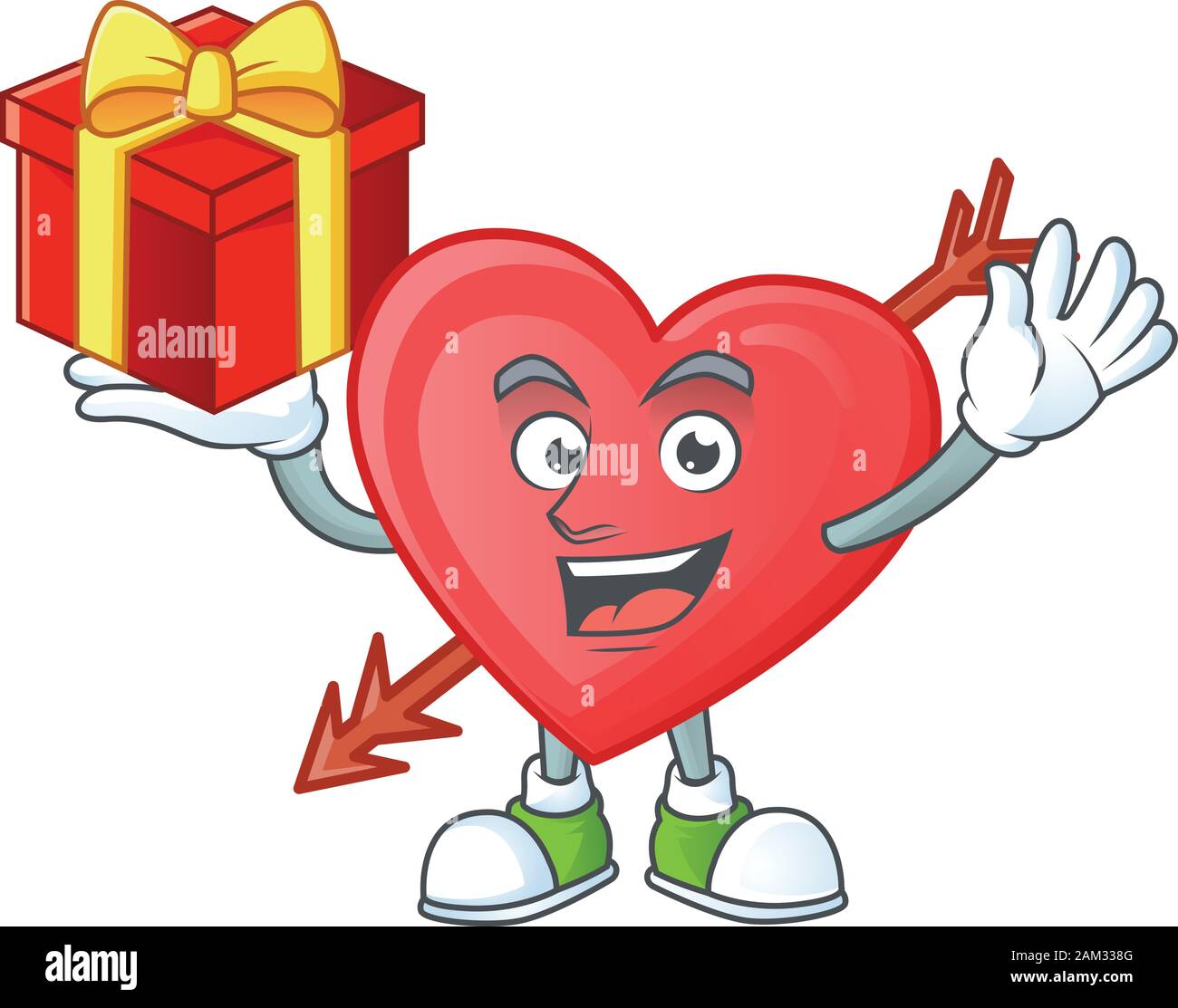 Happy face arrow love cartoon character having a box of gift Stock ...