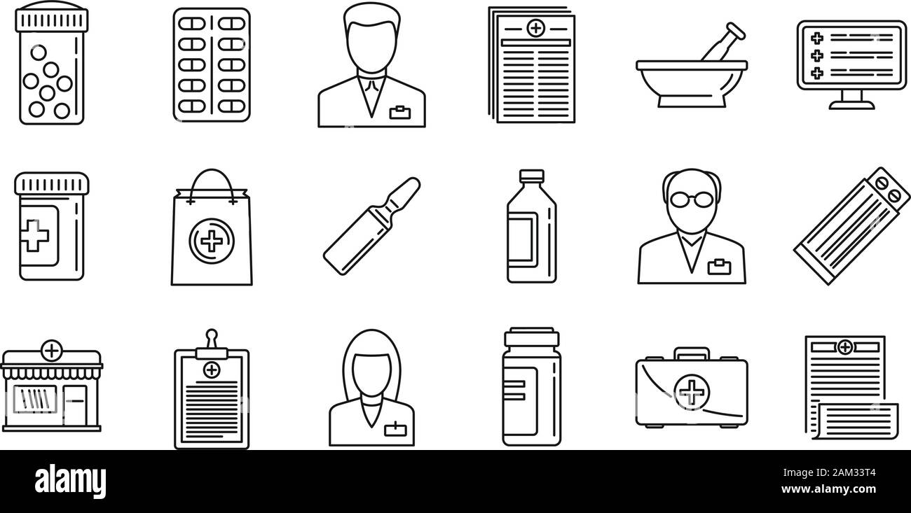 Medical pharmacist icons set. Outline set of medical pharmacist vector ...