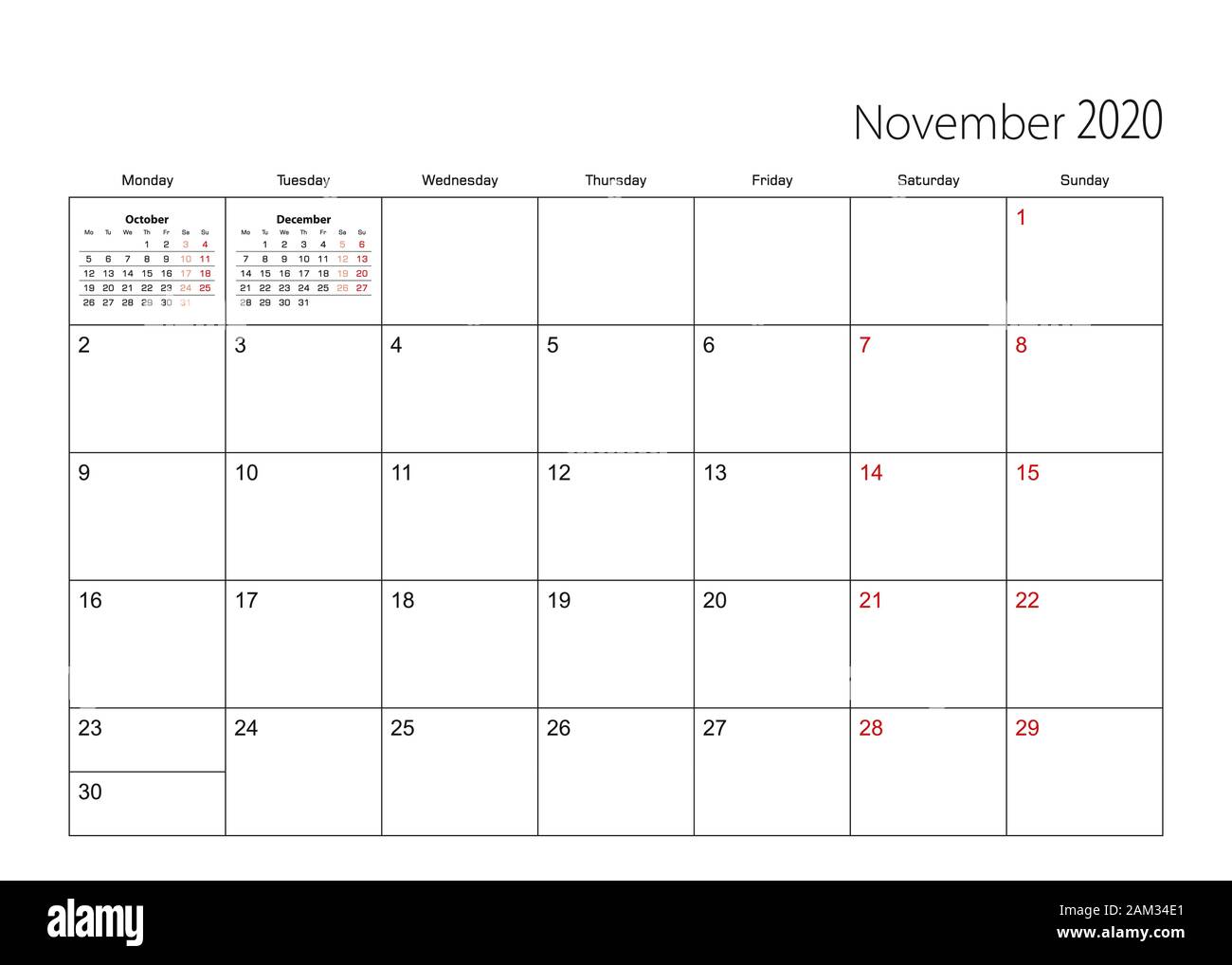 November 2020 simple calendar planner, week starts from Monday. Vector ...