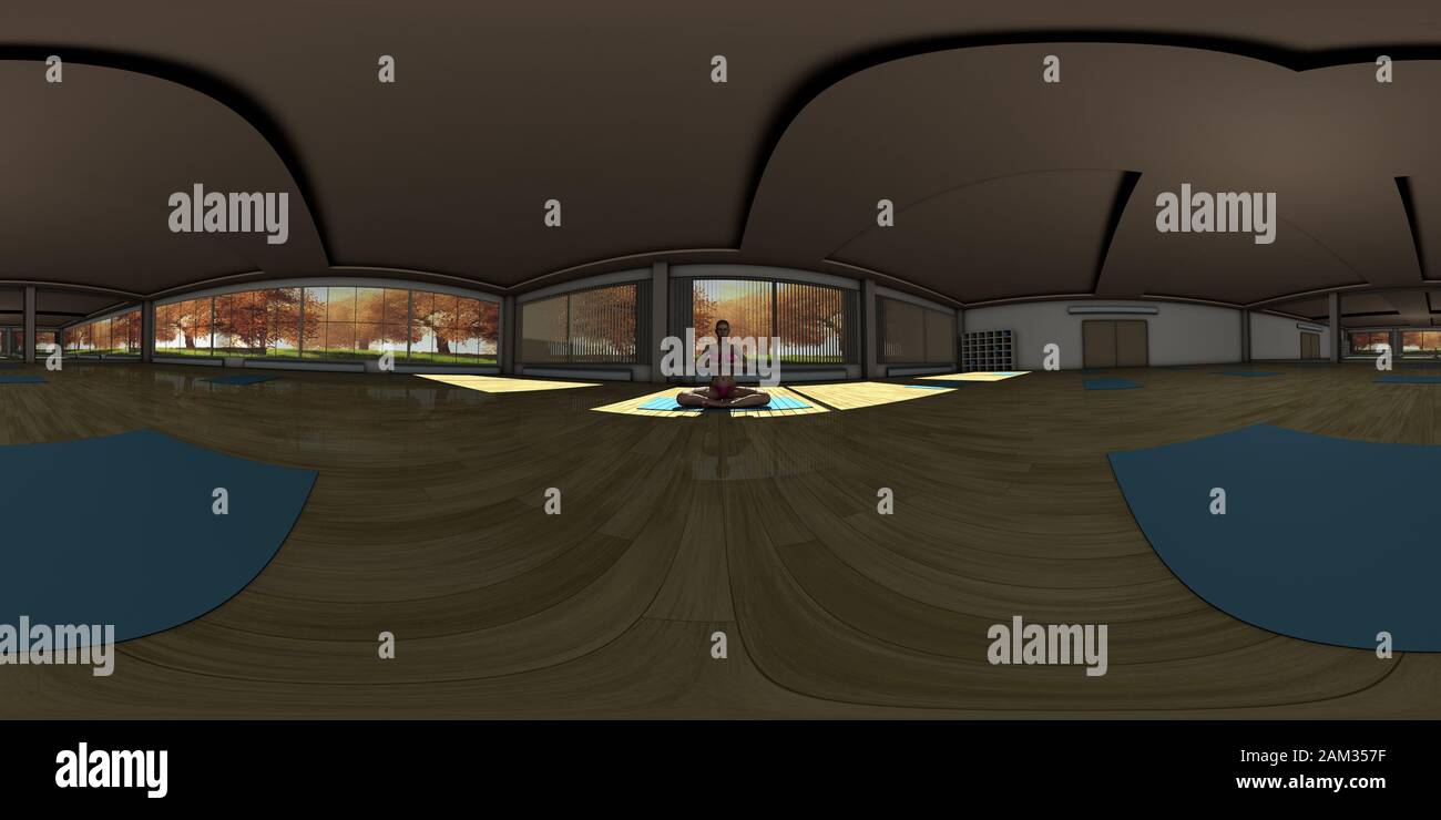 VR 360 Young Woman Doing Meditation Pose in Yoga Studio 3D Illustration ...
