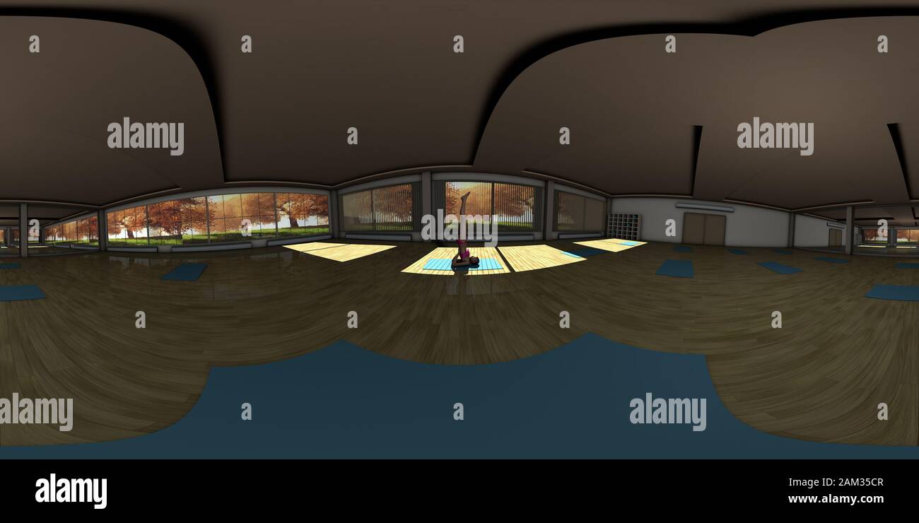 VR 360 Young Woman Doing Shoulderstand Pose in Yoga Studio 3D ...