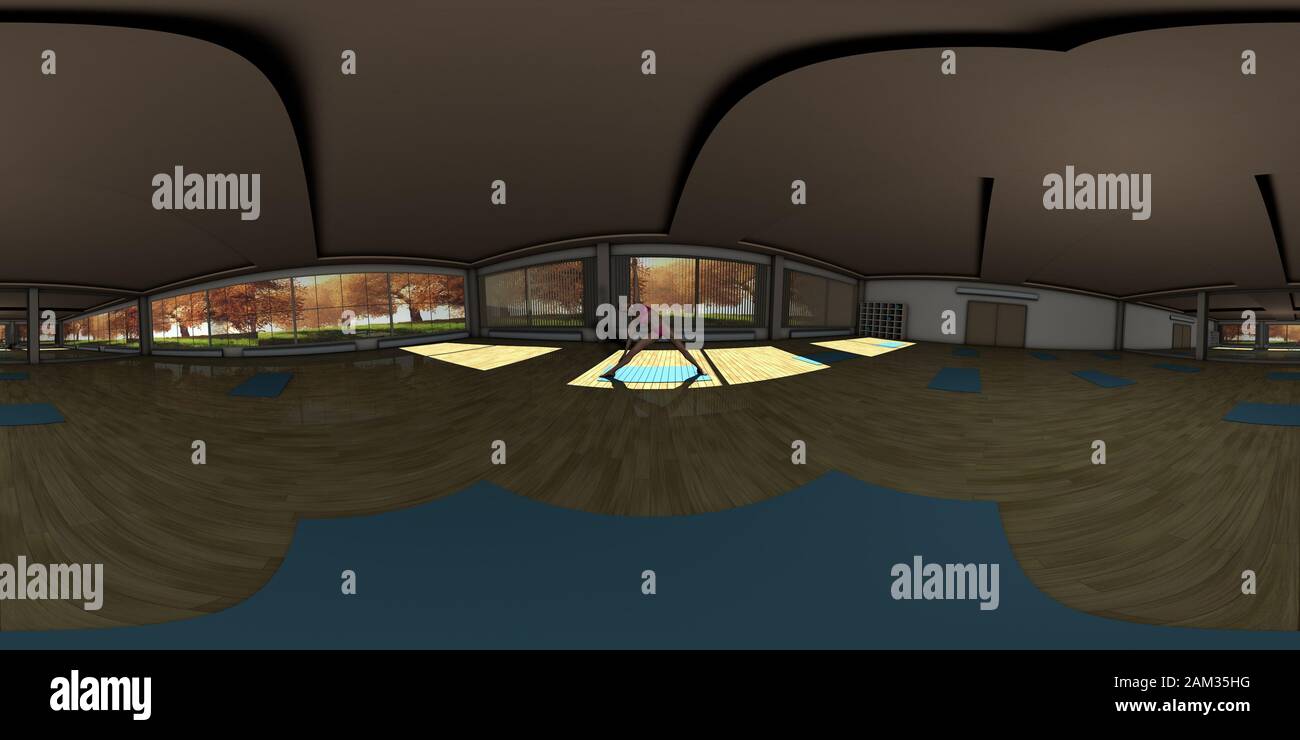 VR 360 Young Woman Doing Triangle Pose in Yoga Studio 3D Illustration ...