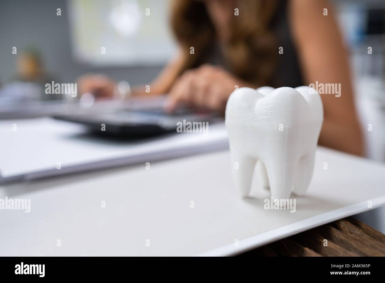 Close-up Of White Tooth Over Desk In Front Of Woman Calculating Bill ...