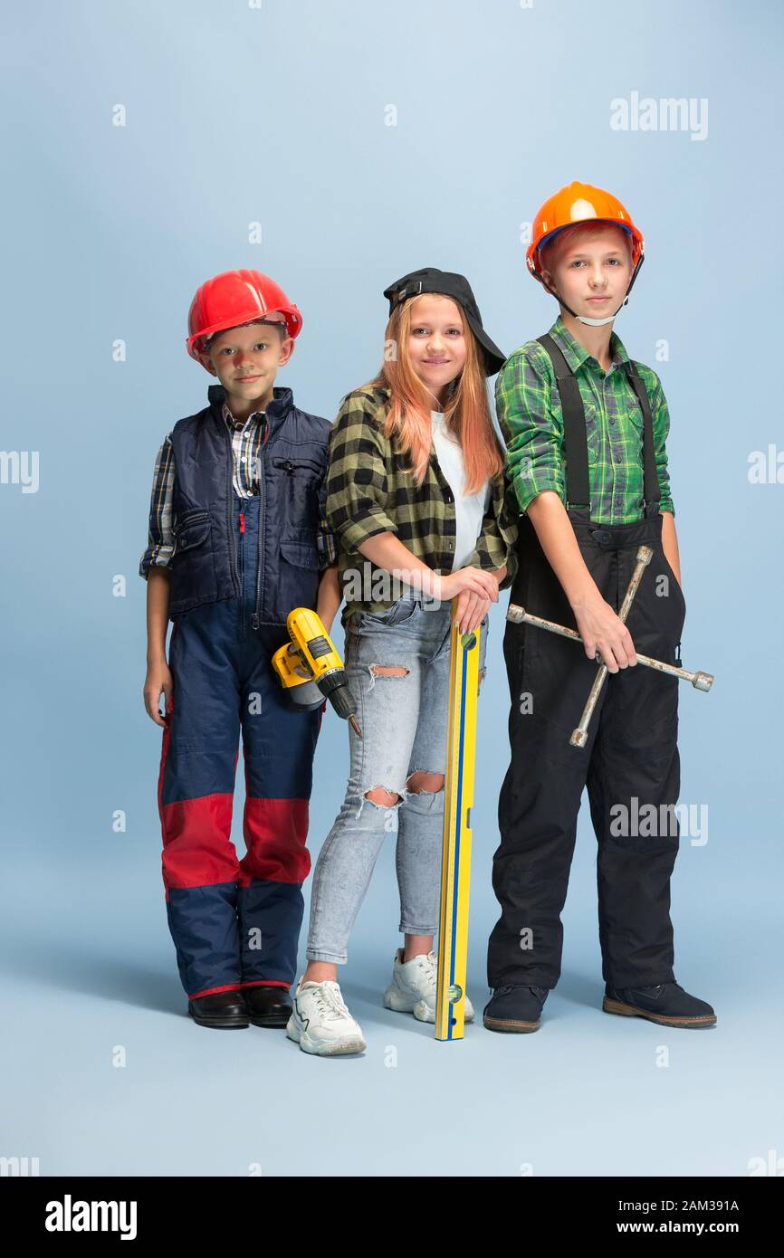 I build my dream. Kids dreaming about profession of engineer. Childhood ...