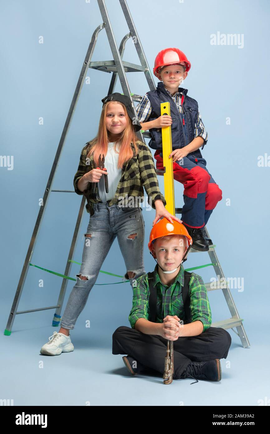 First step. Kids dreaming about profession of engineer. Childhood ...