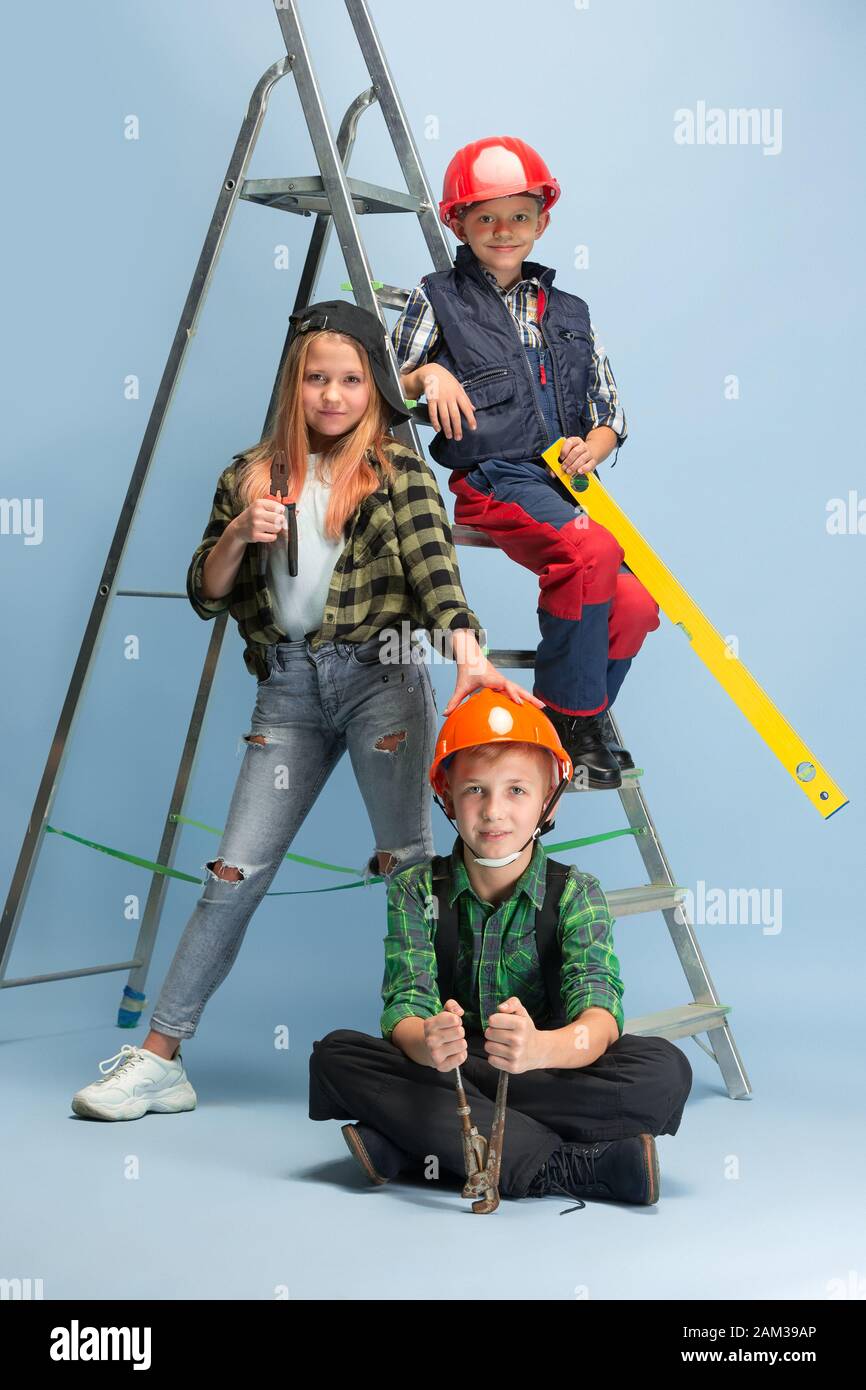 First step. Kids dreaming about profession of engineer. Childhood ...