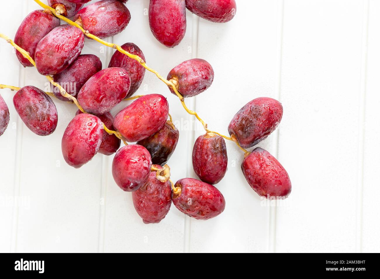 A bunch fresh raw organic dates on a branch on a white background Stock ...