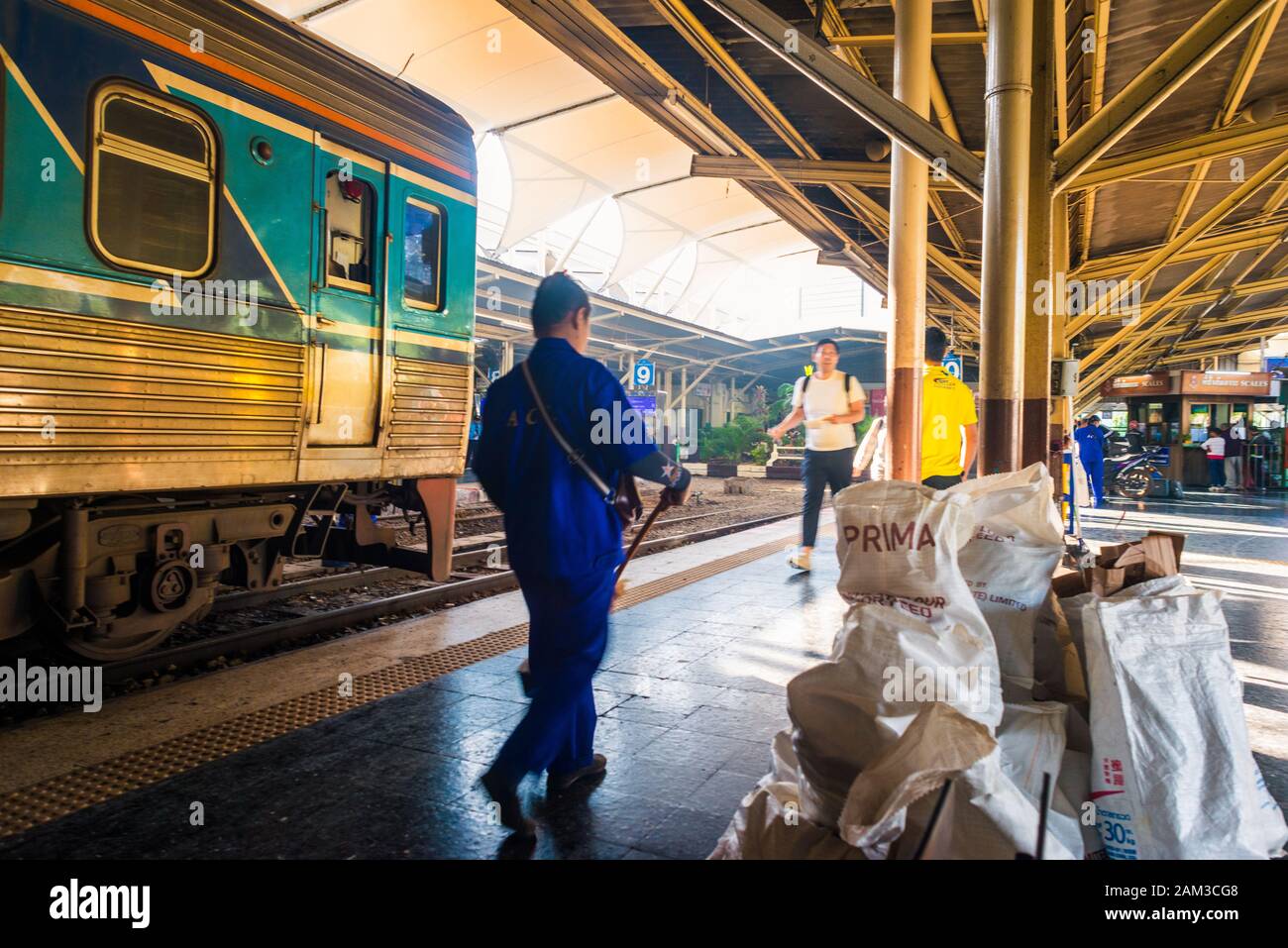 Bangkok/Thailand-December 2019: Station cleaning crew in blue overalls ...