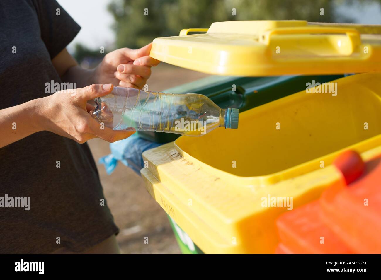 A plastic bottle is disposed of in a trash can. Sort in a garbage ...