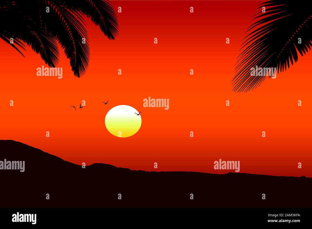 Red Hawaiian sunset with palm trees silhouettes Stock Photo - Alamy