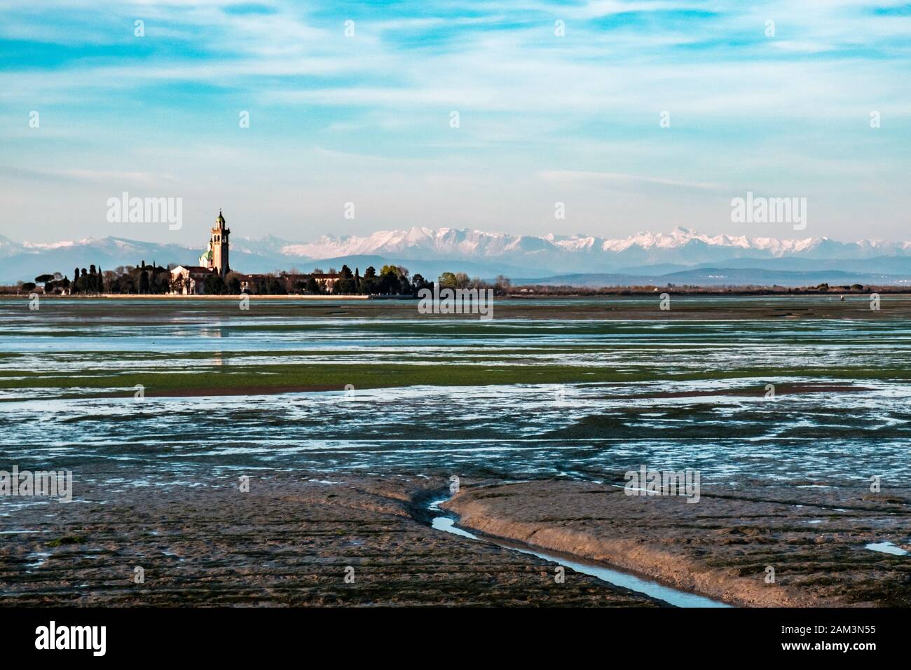 The ancient Sanctuary of Barbana with snowy mountains in the background ...