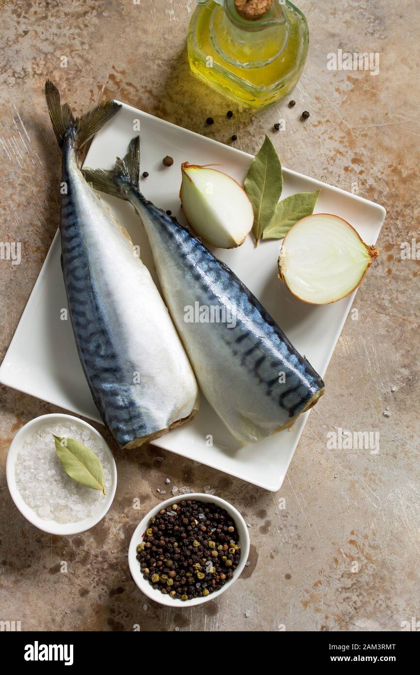 Fresh raw fish. Mackerel and ingredients for cooking on a stone ...