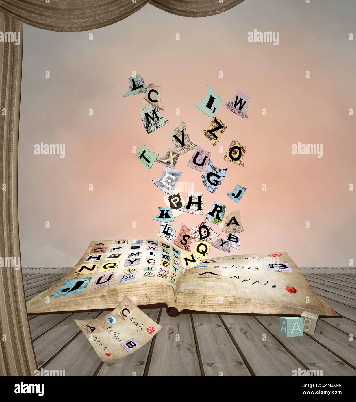 Vintage stage with letters coming out of a book Stock Photo - Alamy