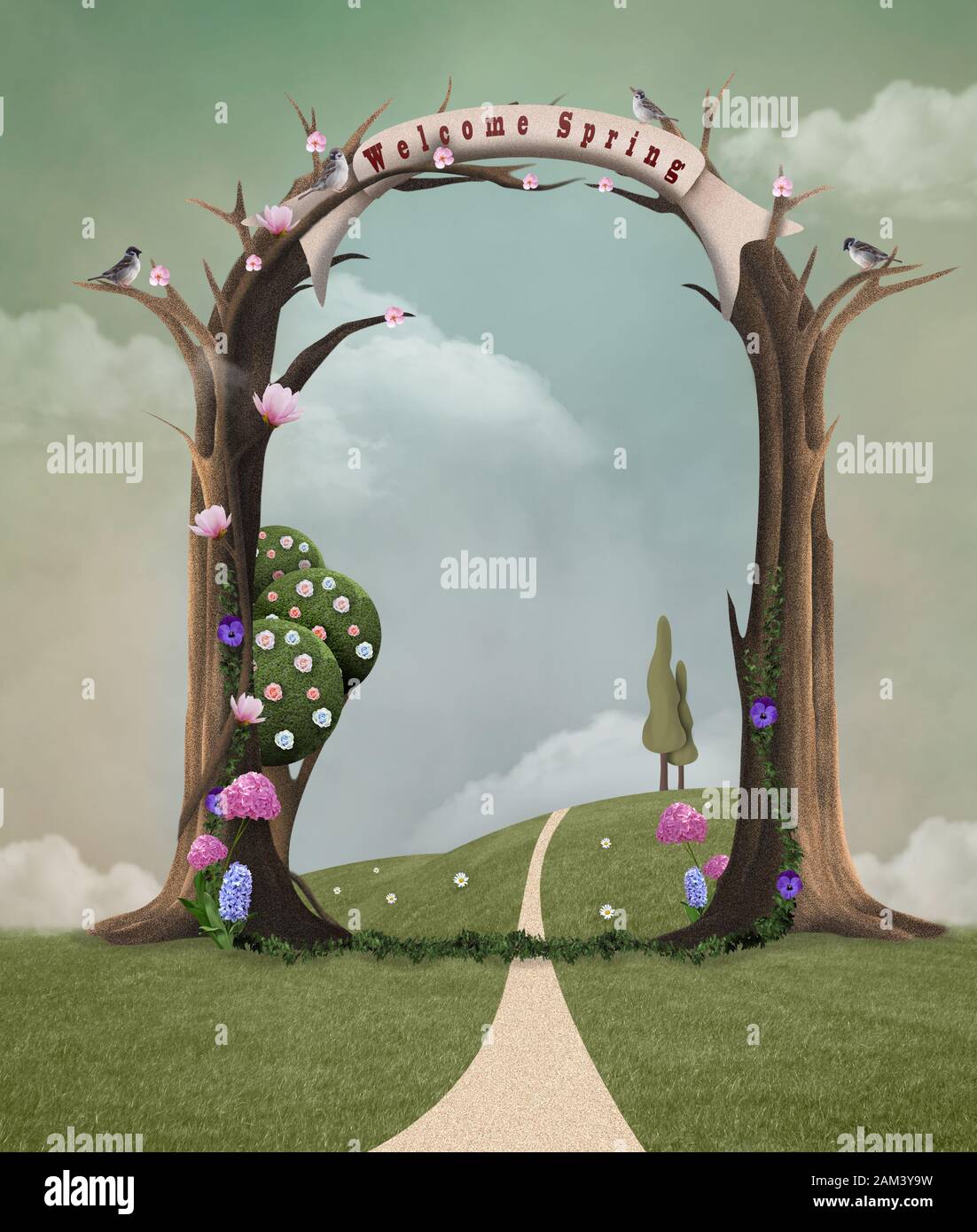Welcome spring background with surreal tree and blooming flowers Stock ...