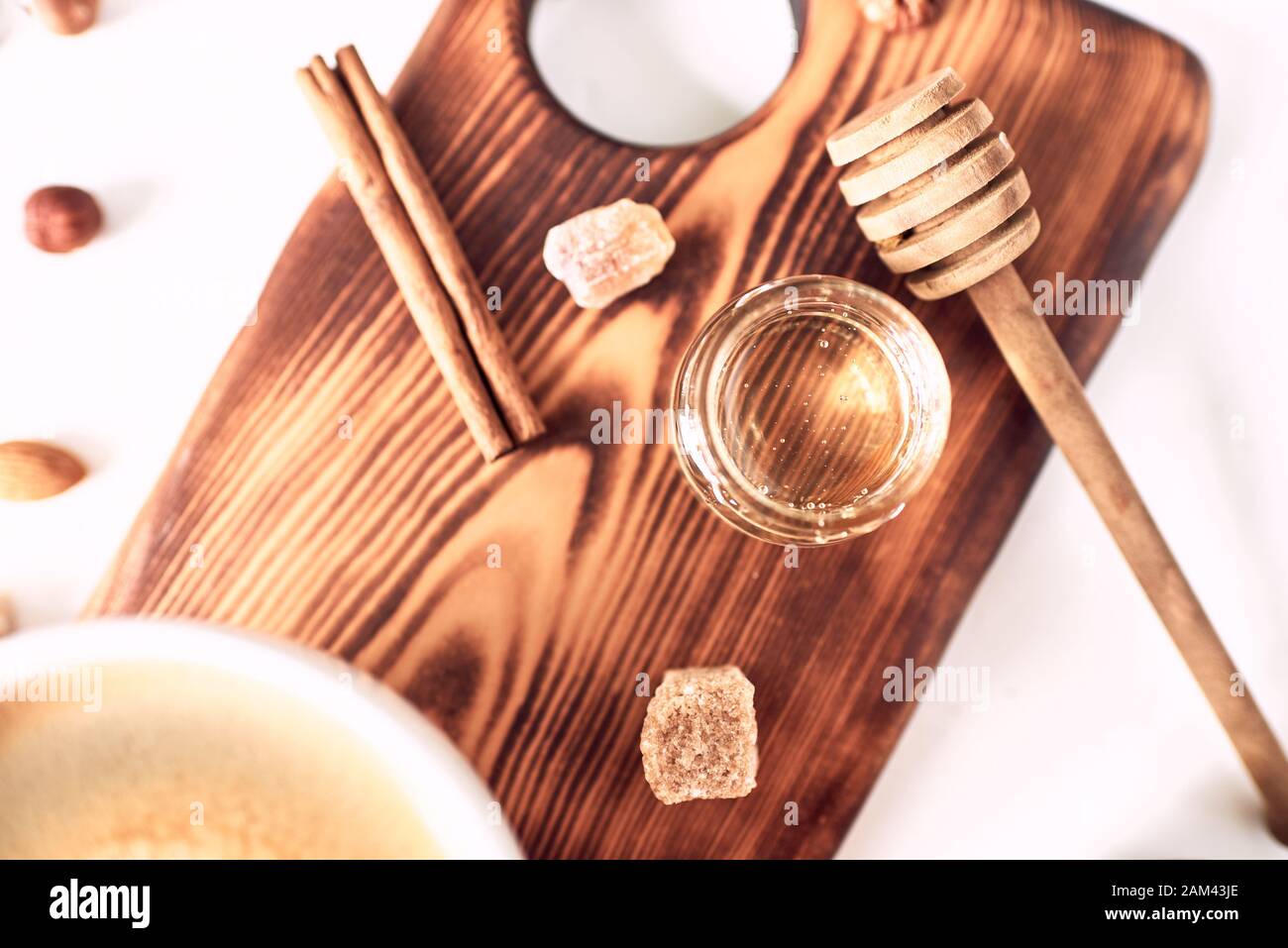 breakfast pattern, coffee, honey, cinnamon sticks, nuts, sugar. Good ...