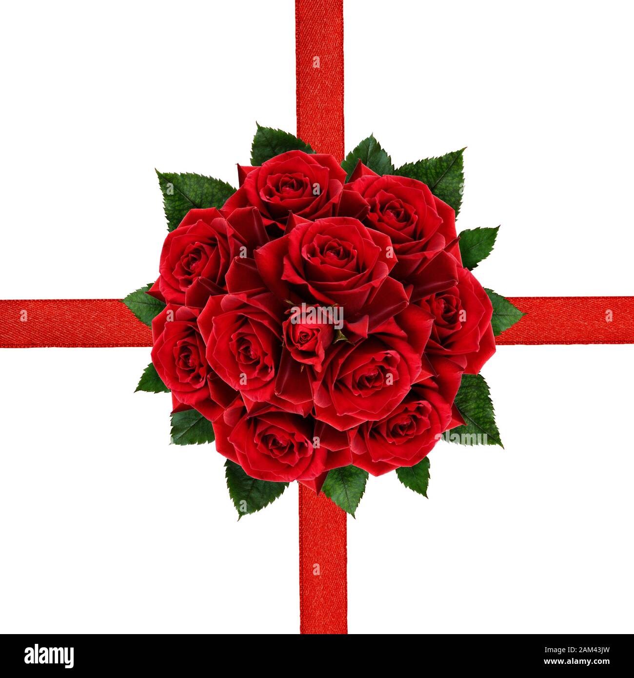 Red rose flowers bouquet and a ribbon isolated on white Stock Photo - Alamy